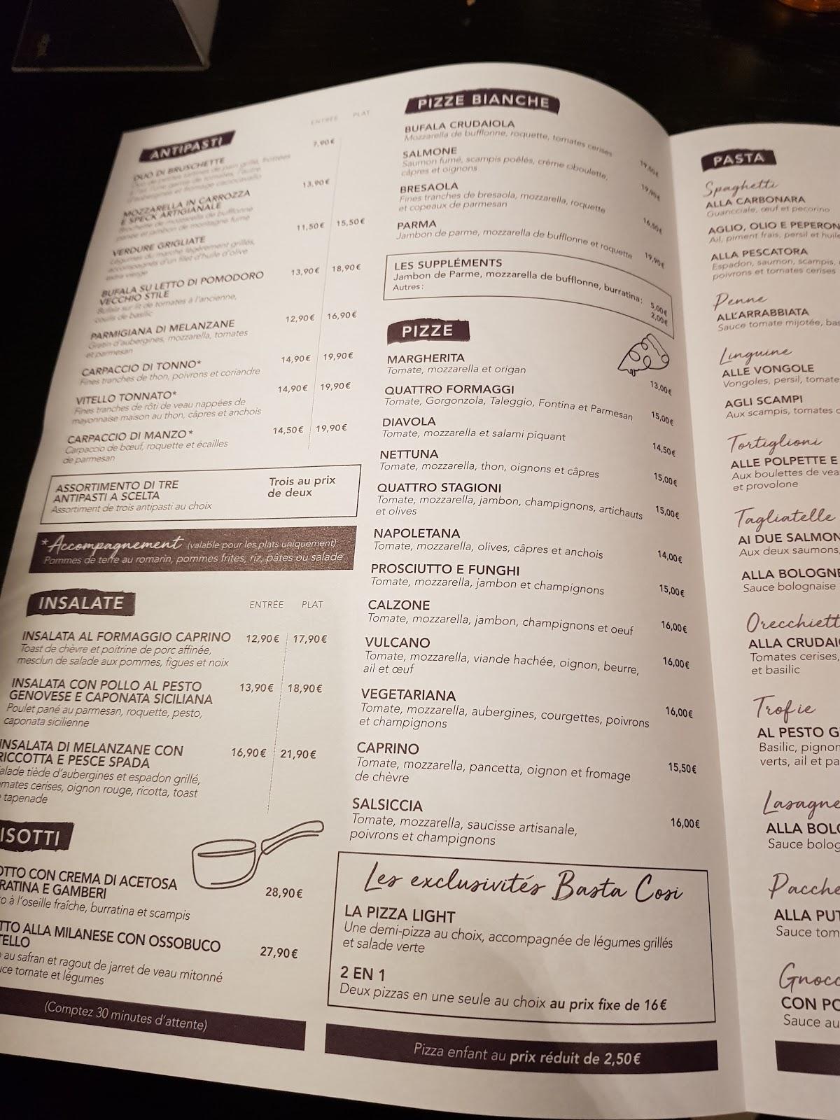 Menu at Basta Cosi Louvigny restaurant, Luxembourg City, 10 Rue Louvigny