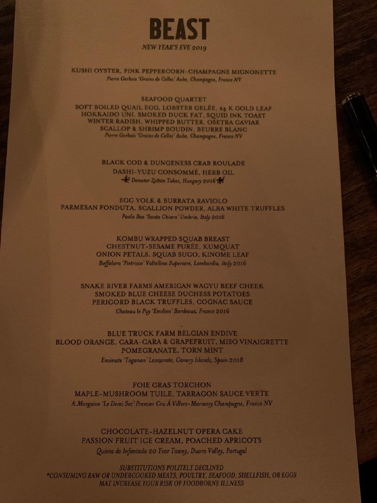 Menu at Beast restaurant, Portland