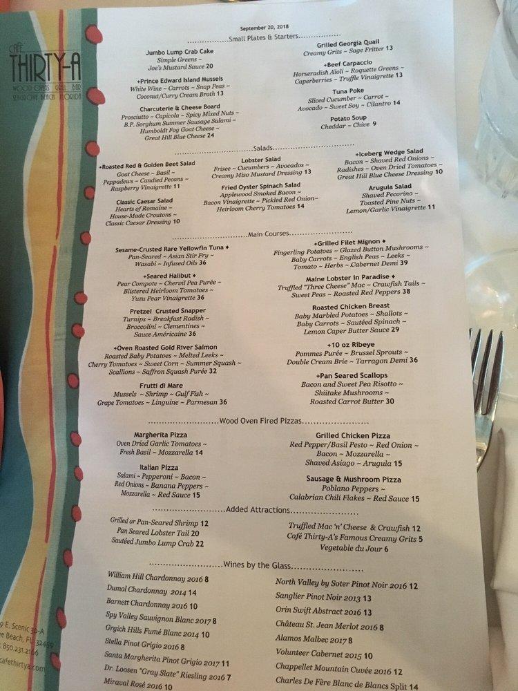 Menu at Cafe Thirty-A, Seagrove Beach, E County Hwy 30A