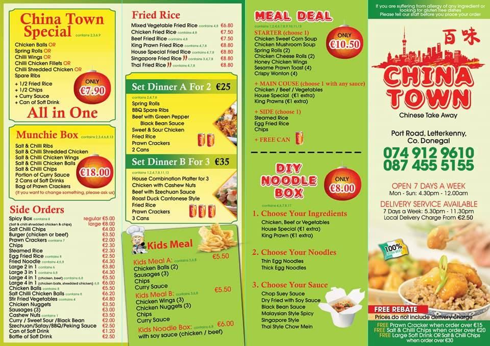 Menu at China Town restaurant, Letterkenny, 24 Port Road