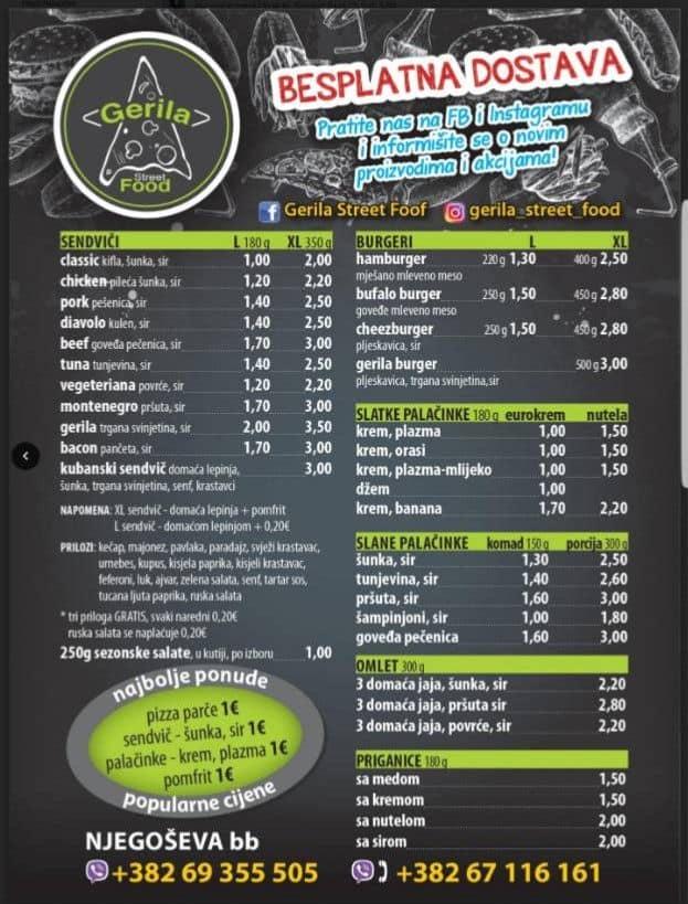 Menu at Gerila street food restaurant, Niksic