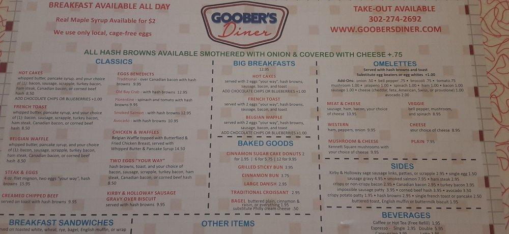 Menu at Goobers Diner restaurant, Wilmington