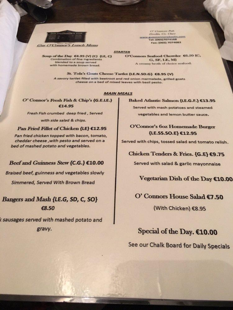 Menu at Gus O'Connor's Pub, Doolin