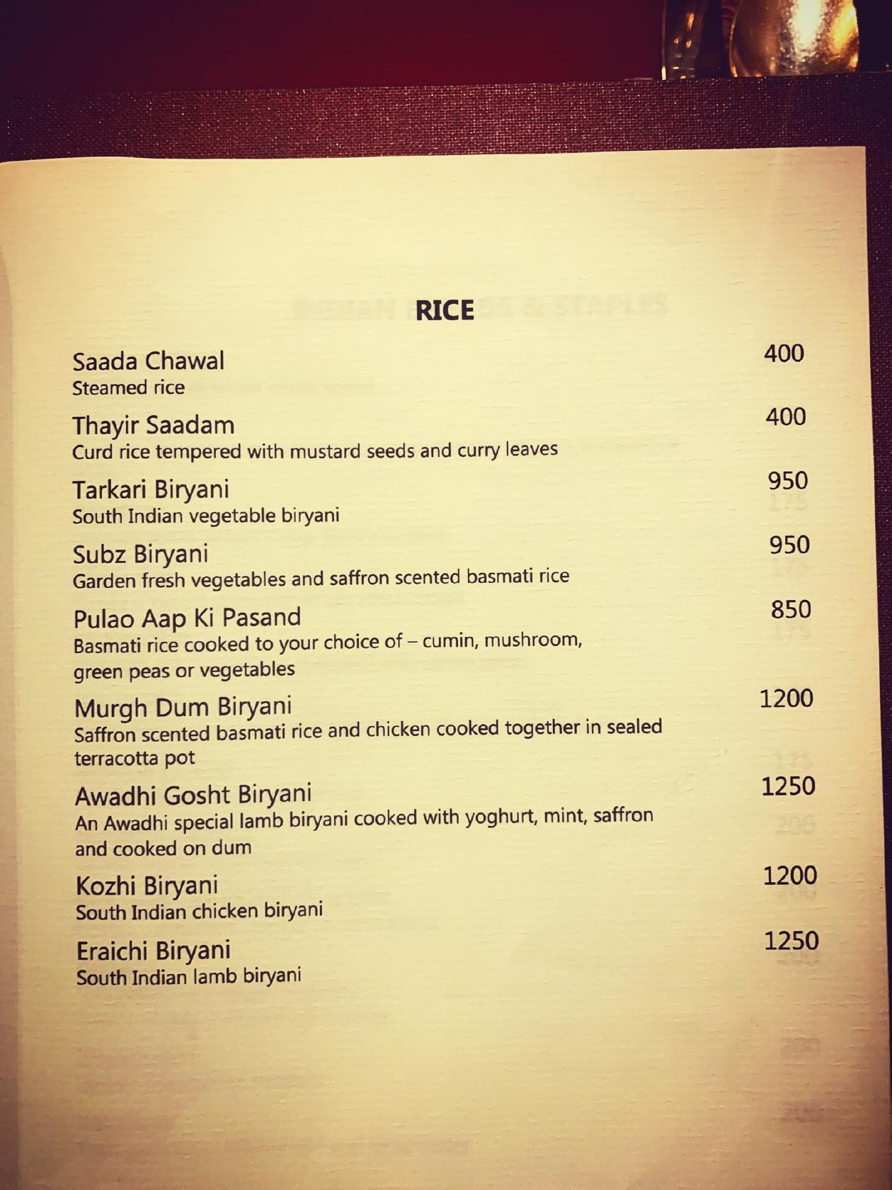 Menu at Jamavar, Bengaluru, Lobby level
