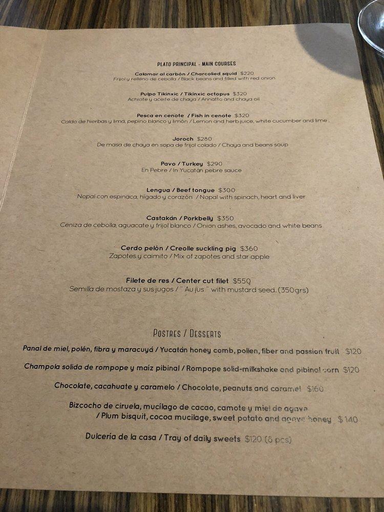 Menu at Kuuk restaurant, Merida, Av Rómulo Rozo 488