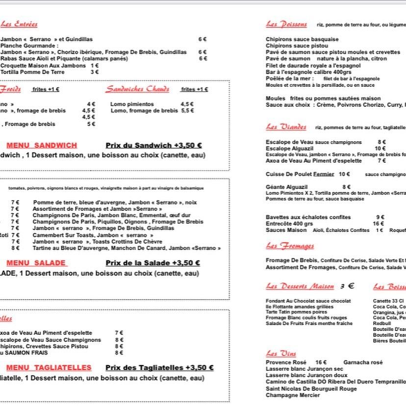 Menu at EL Alguazil restaurant, Pau