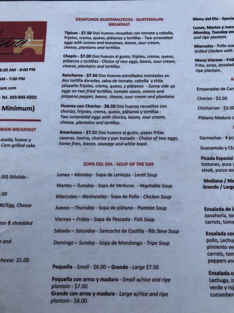 Menu at La Antigua Restaurant & Bakery, Norwalk