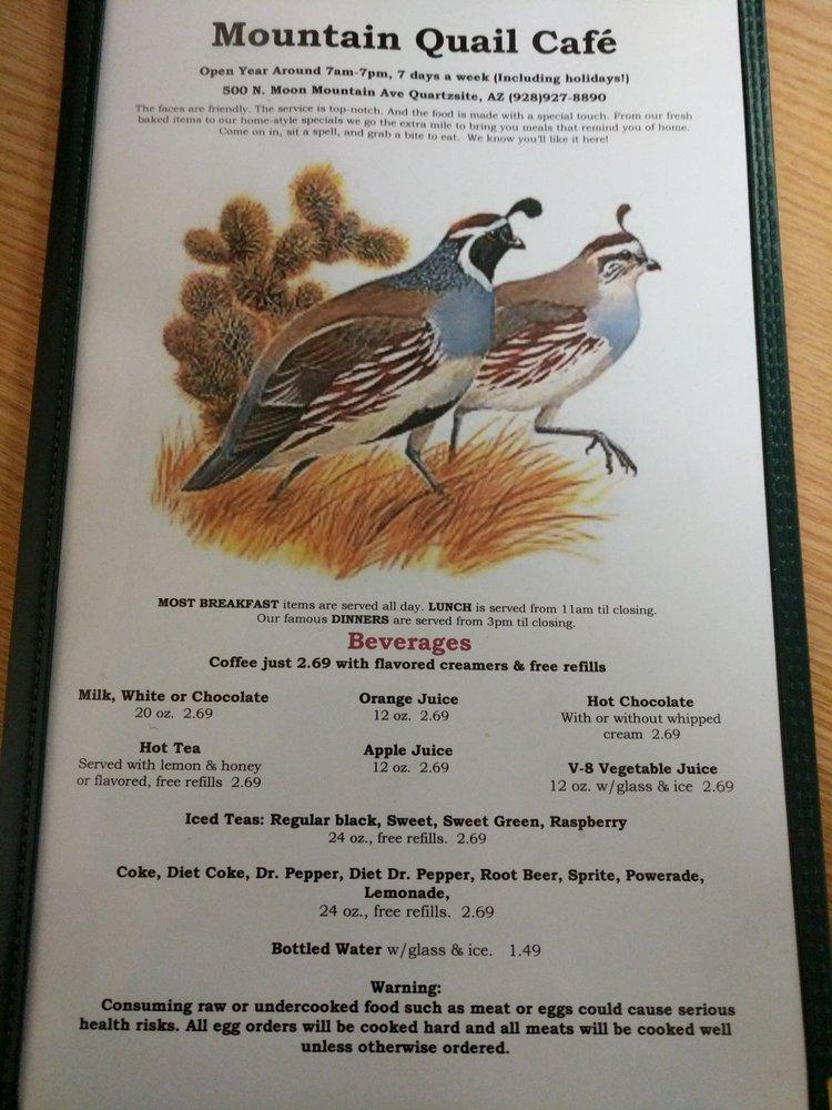 Menu at Mountain Quail Cafe, Quartzsite