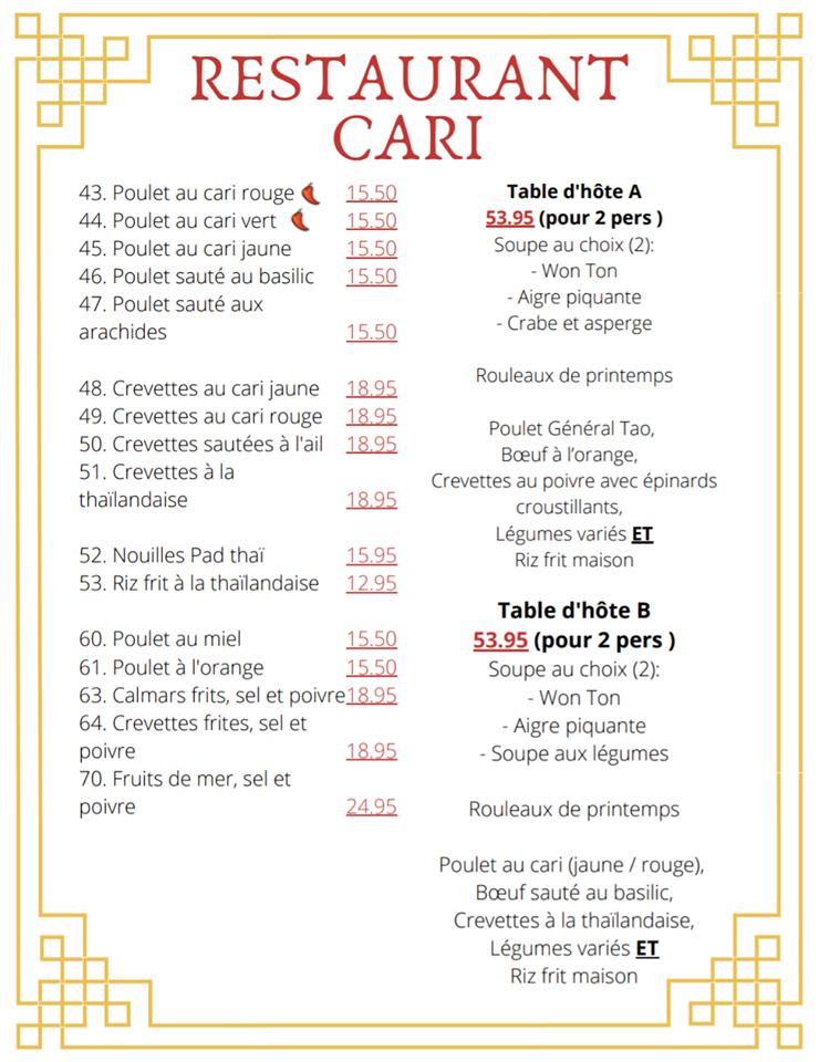 Menu au Restaurant Cari, Québec