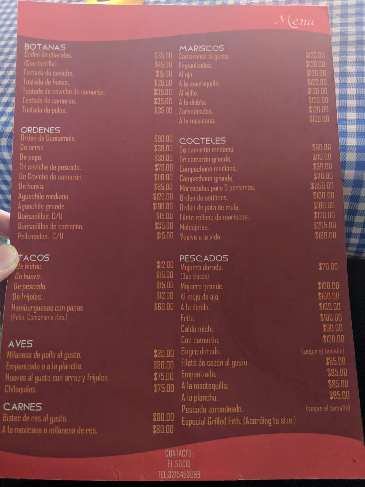 Menu at Restaurante El Socio, Mezcala