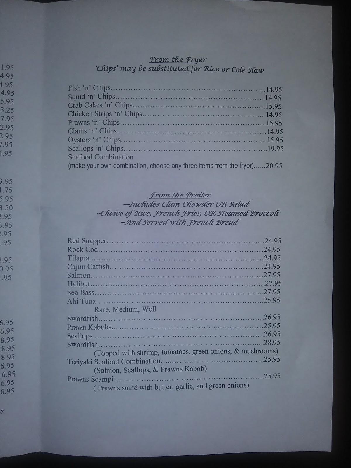 Menu at Sea Harbor Fish Market restaurant, Salinas