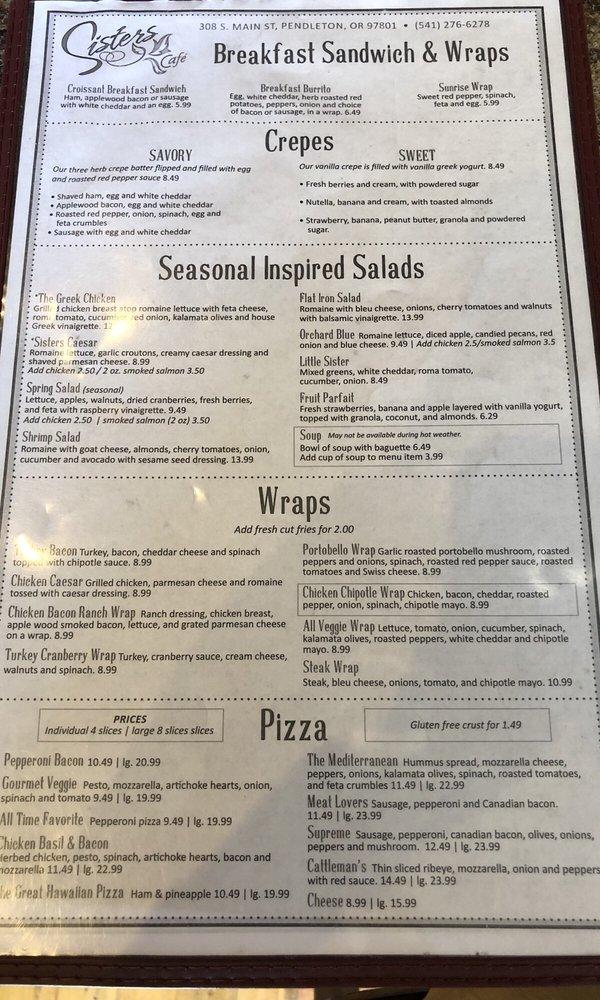 Menu at Sister's Cafe, Pendleton