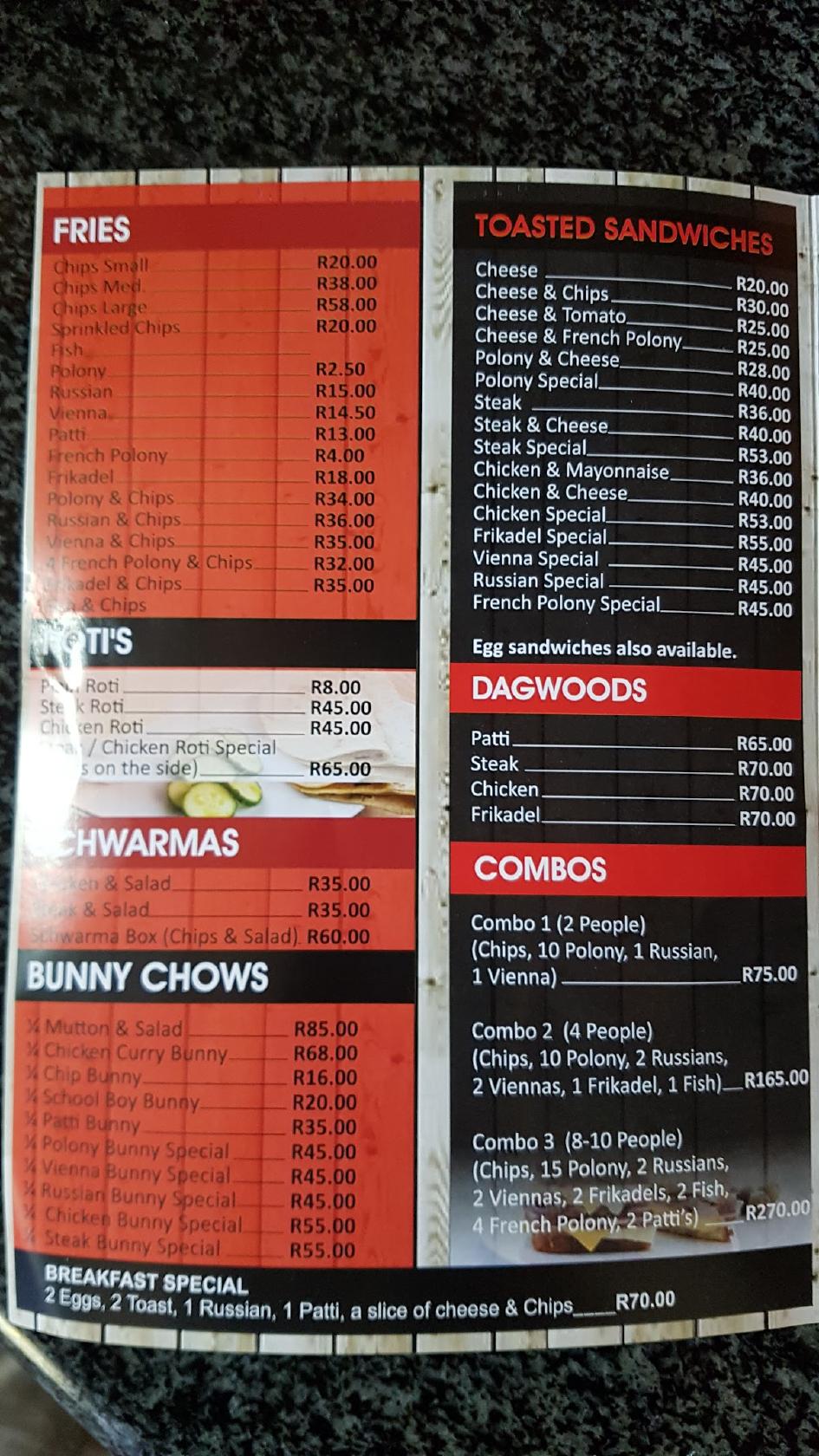Menu at The Chip Shop restaurant, Johannesburg