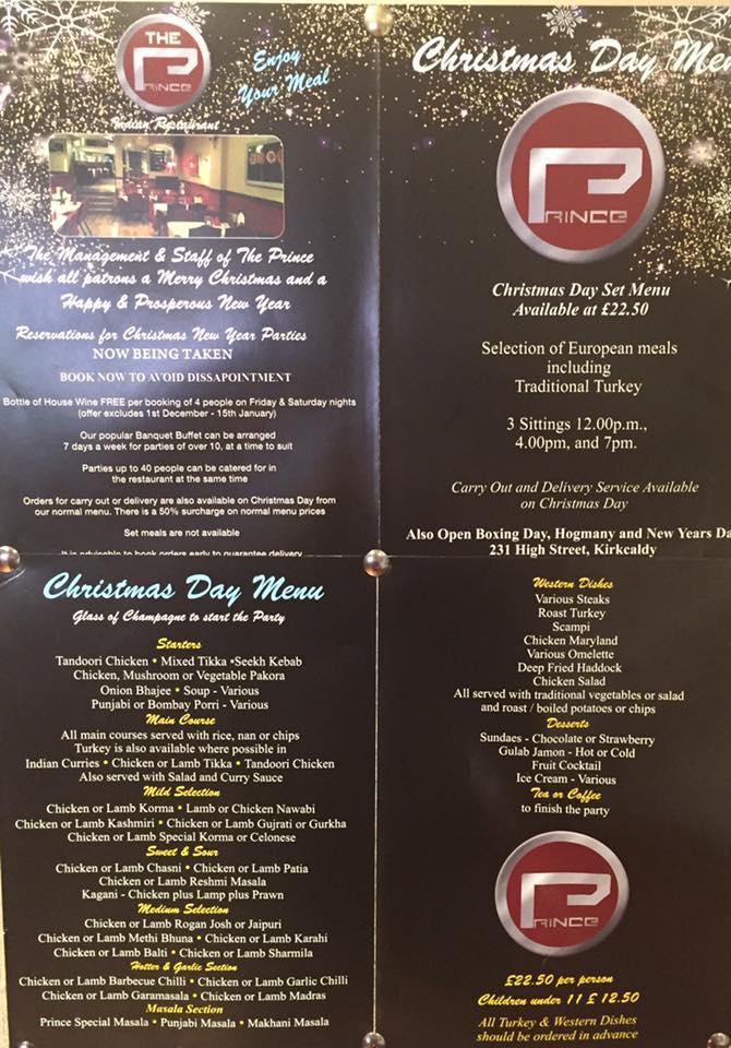 Menu at The Prince restaurant, Kirkcaldy