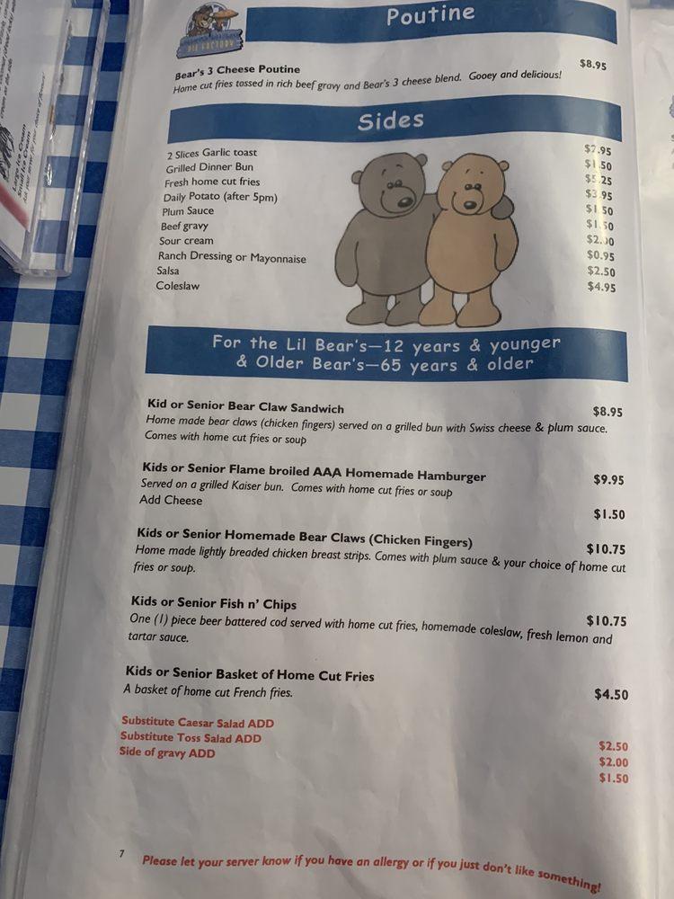 Menu at Bear's Eatery restaurant, Kimberley