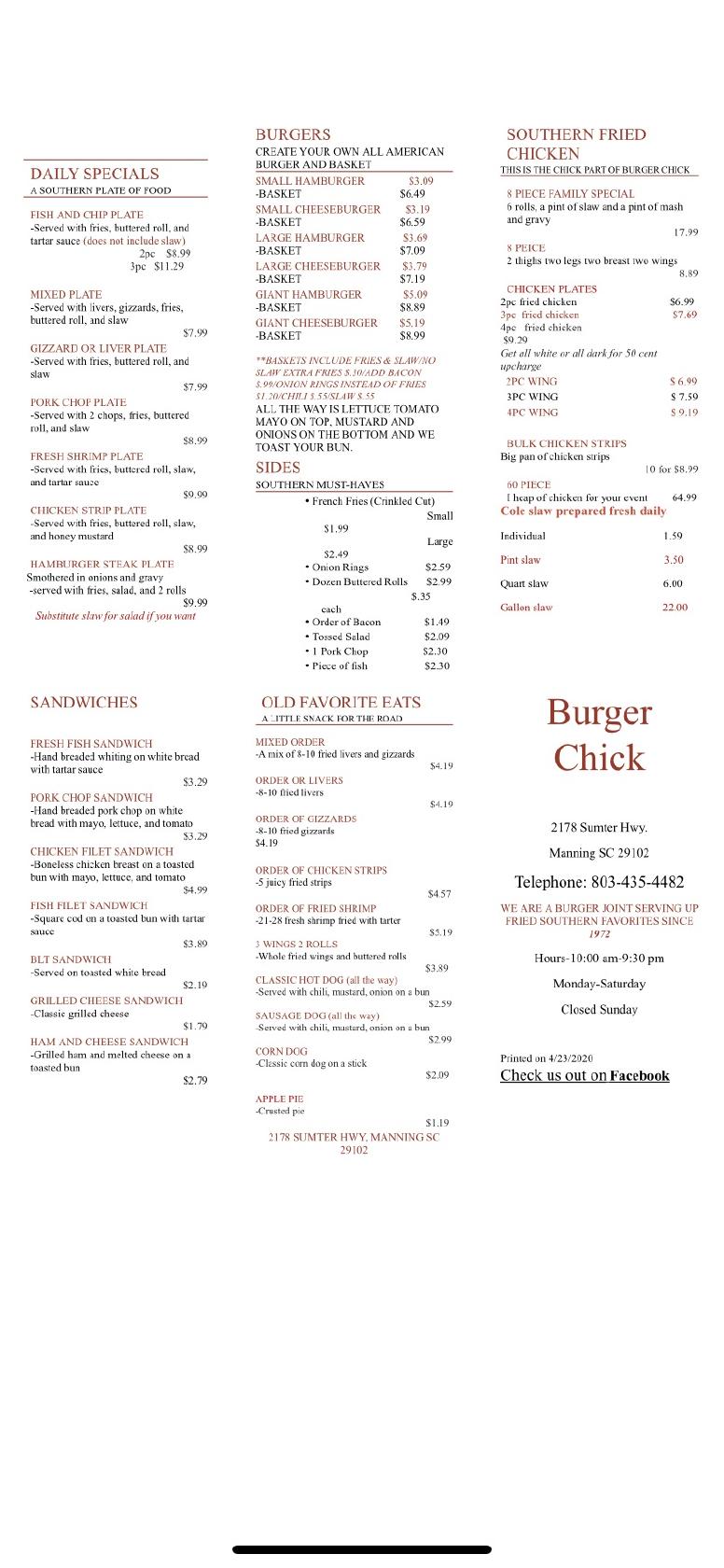 Menu at Burger Chick fast food, Manning, Sumter Hwy
