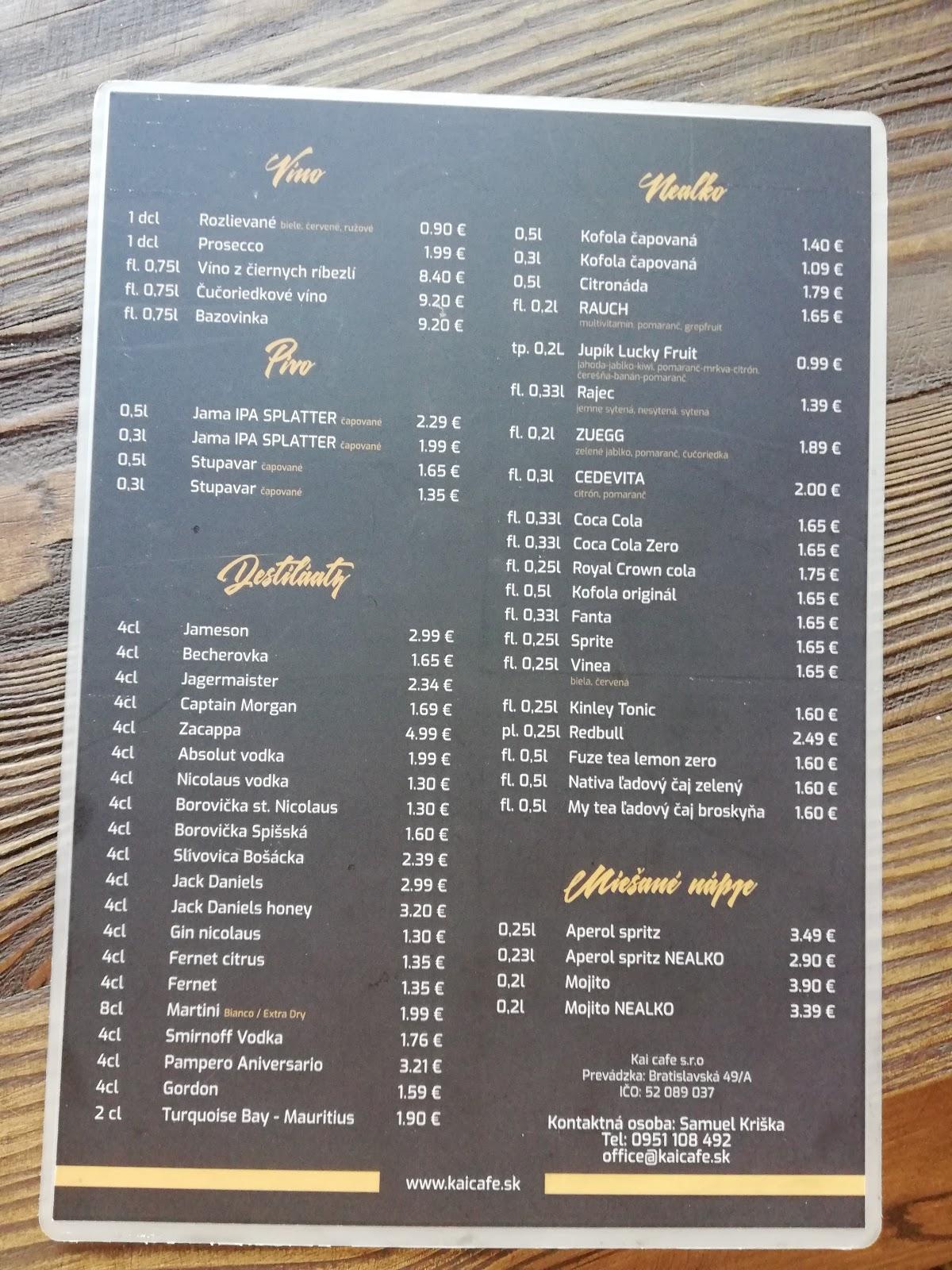 Menu at Kai cafe Záhorská Bystrica, Bratislava