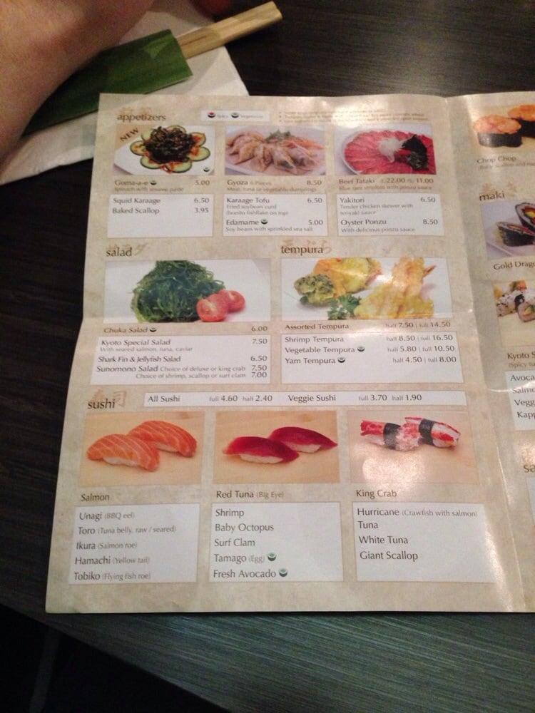 Menu at Kyoto Japanese Cuisine restaurant, Edmonton, 109 St NW