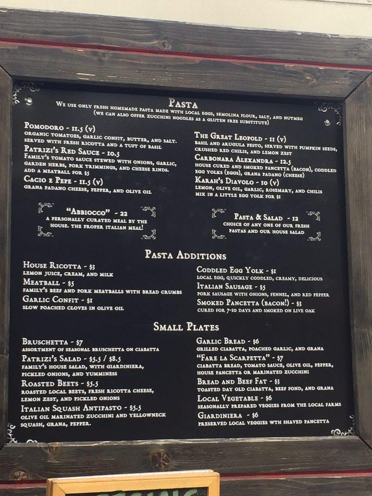 Menu at Patrizi's restaurant, Austin, Manor Rd