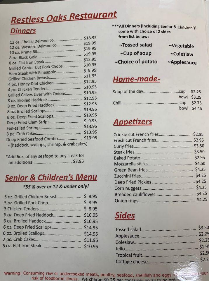 Menu at Restless Oaks Restaurant, McElhattan, 119 Pine Mountain Rd