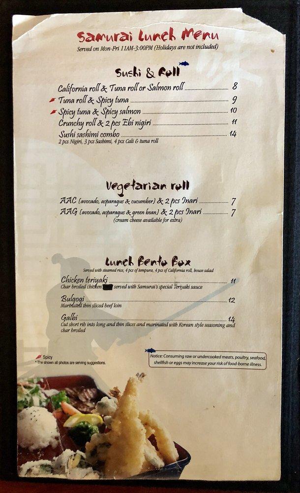 Menu at Samurai Sushi Bar & Grill, Aberdeen