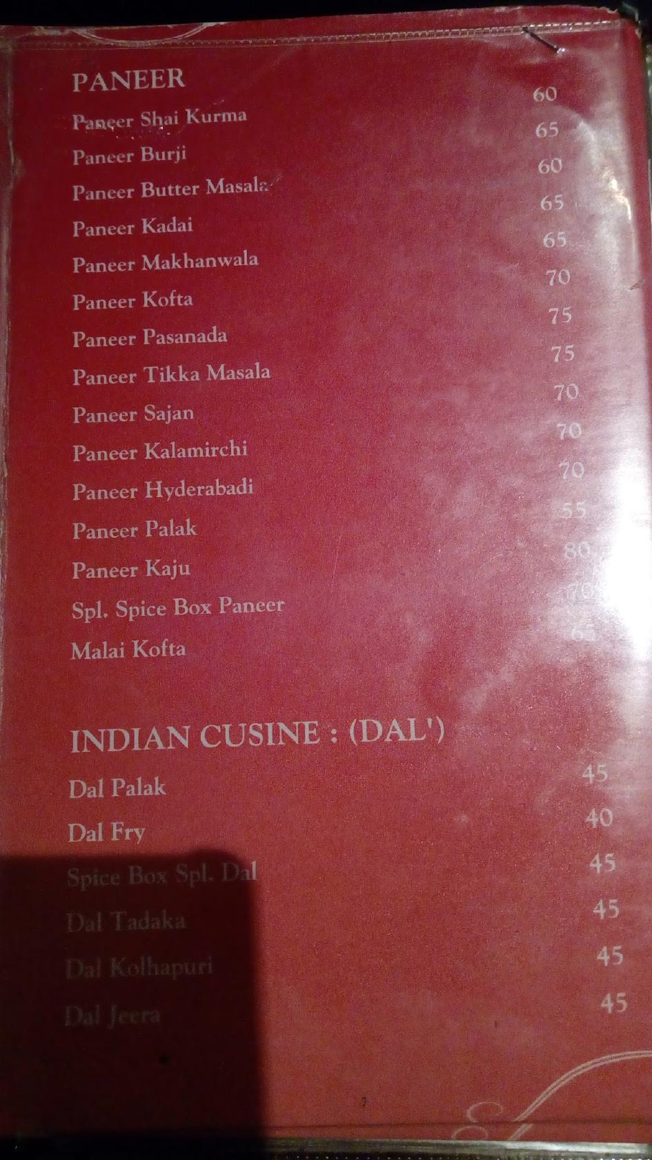 Menu at Spice Box, Toranagallu