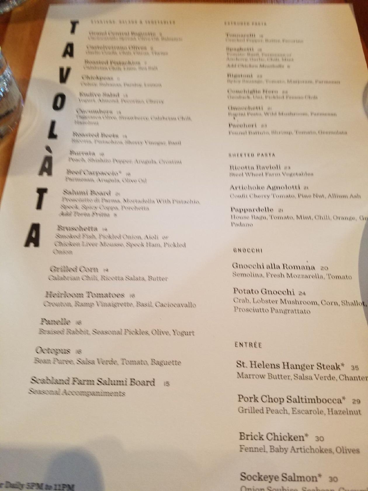 Menu at Tavolàta Capitol Hill restaurant, Seattle, 501 E Pike St