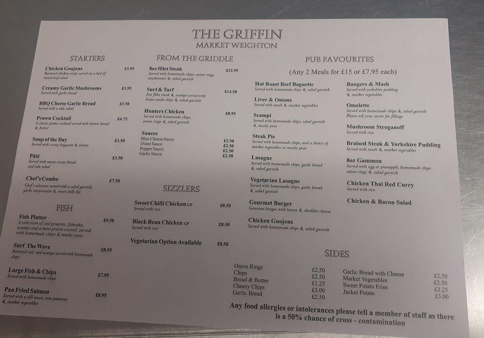 Menu at The Griffin pub & bar, Market Weighton