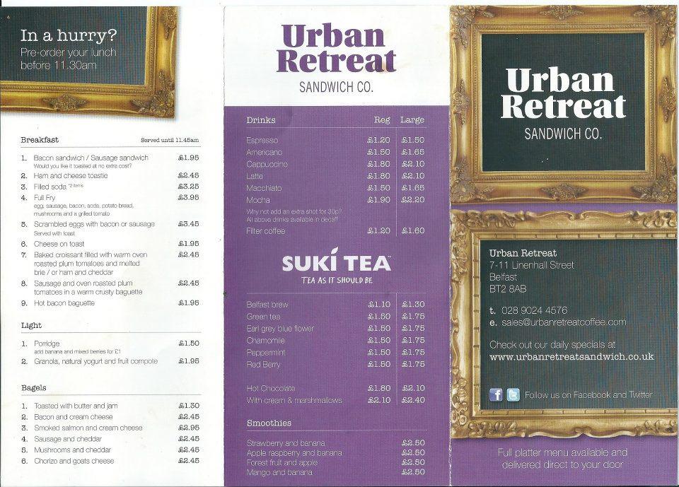 Menu at Urban Retreat cafe, Belfast