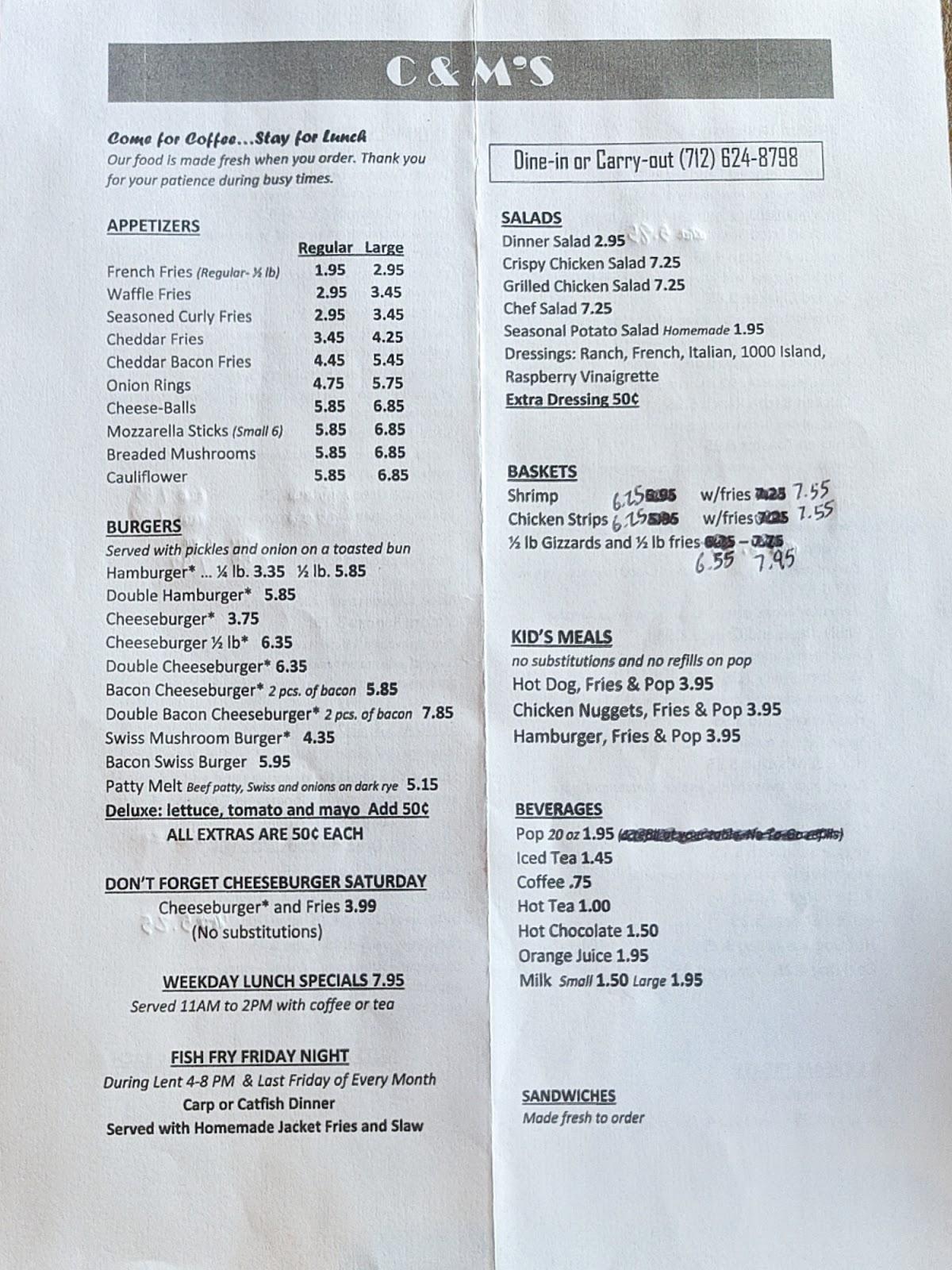 Menu at C&M's Cafe, Malvern