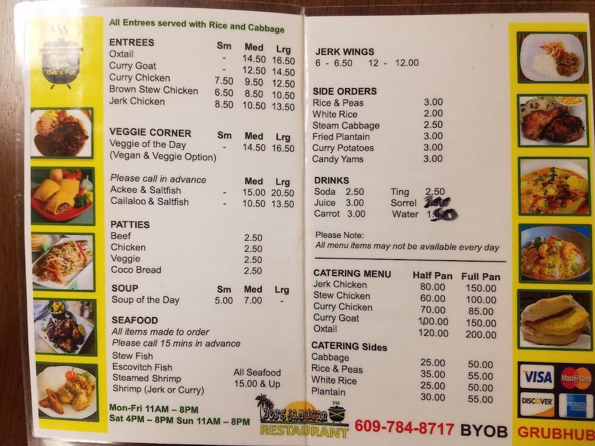 Menu at Deb's Jamaican pot restaurant, Mount Holly