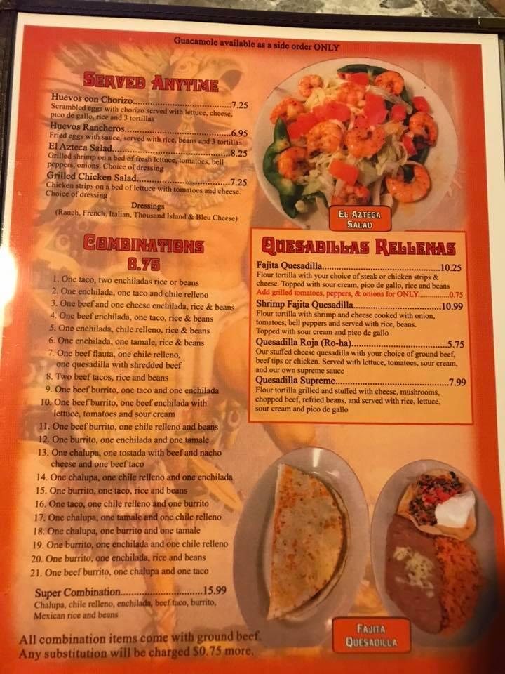 Menu at El Azteca restaurant, Wapakoneta