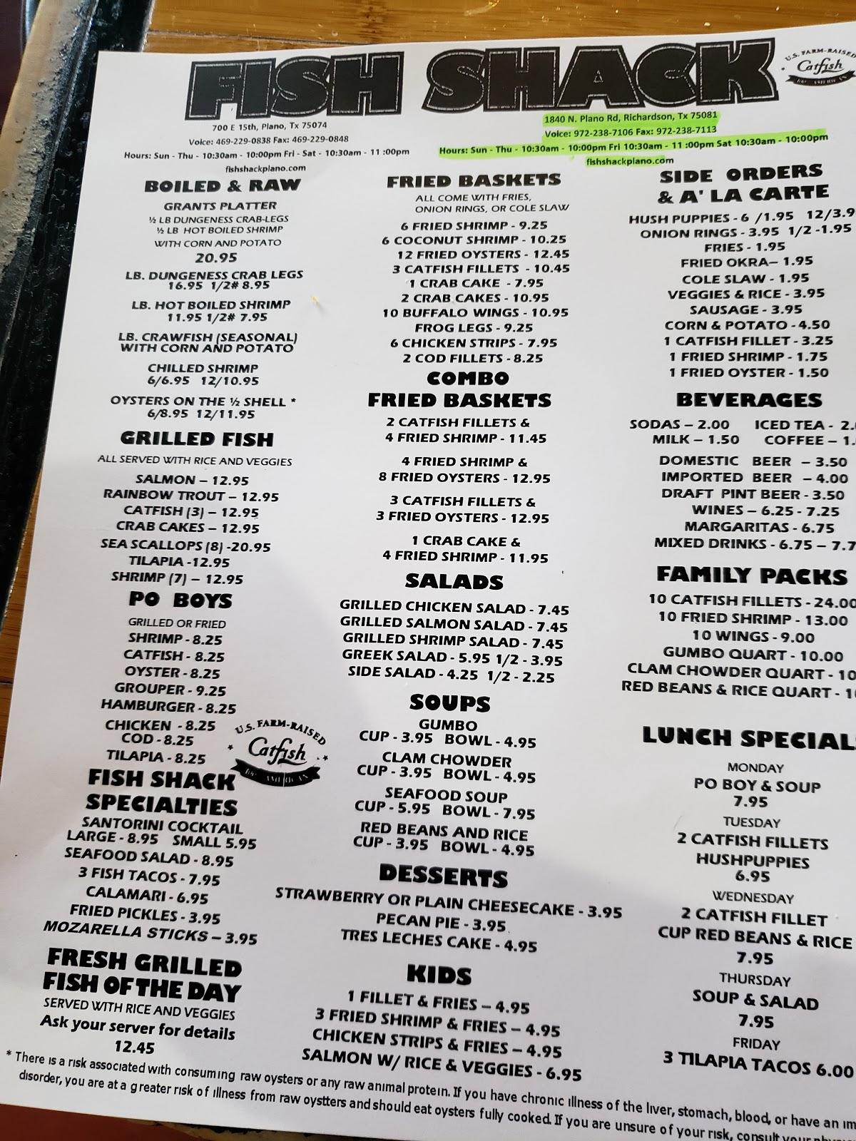 Menu at Fish Shack restaurant, Richardson