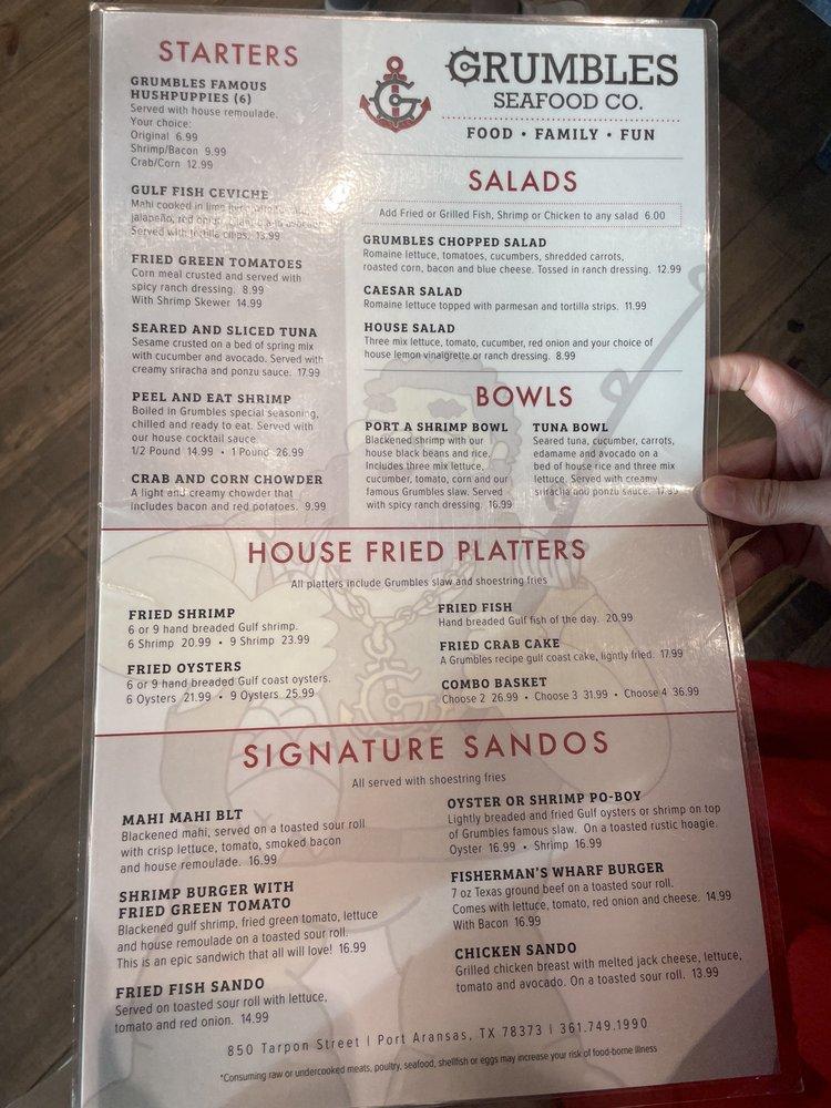 Menu at Grumbles Seafood Co. restaurant, Port Aransas