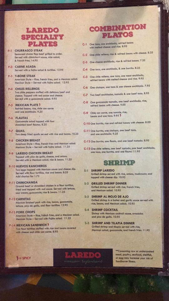 Menu at Laredo's Mexican Restaurant, Macclenny