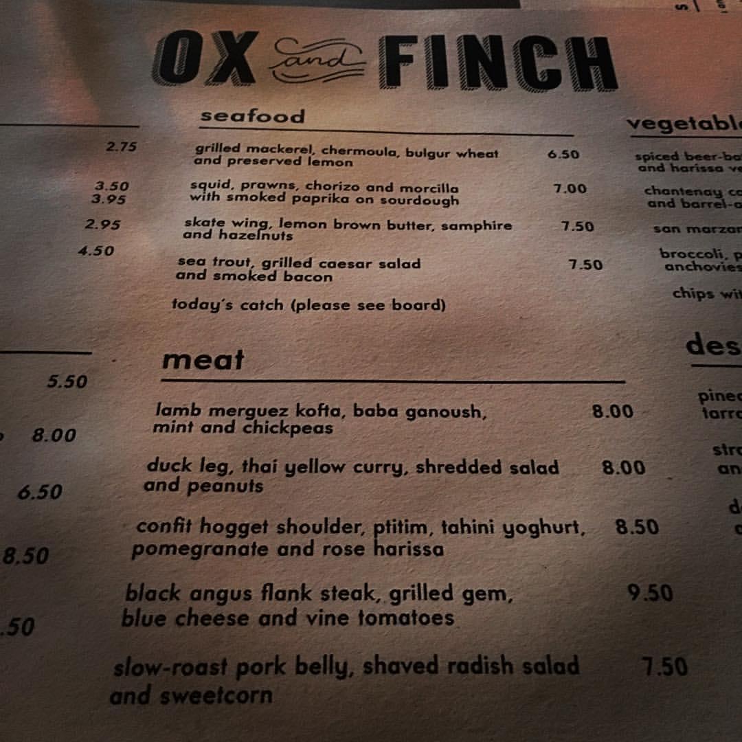 Menu at Ox and Finch restaurant, Glasgow, 920 Sauchiehall St