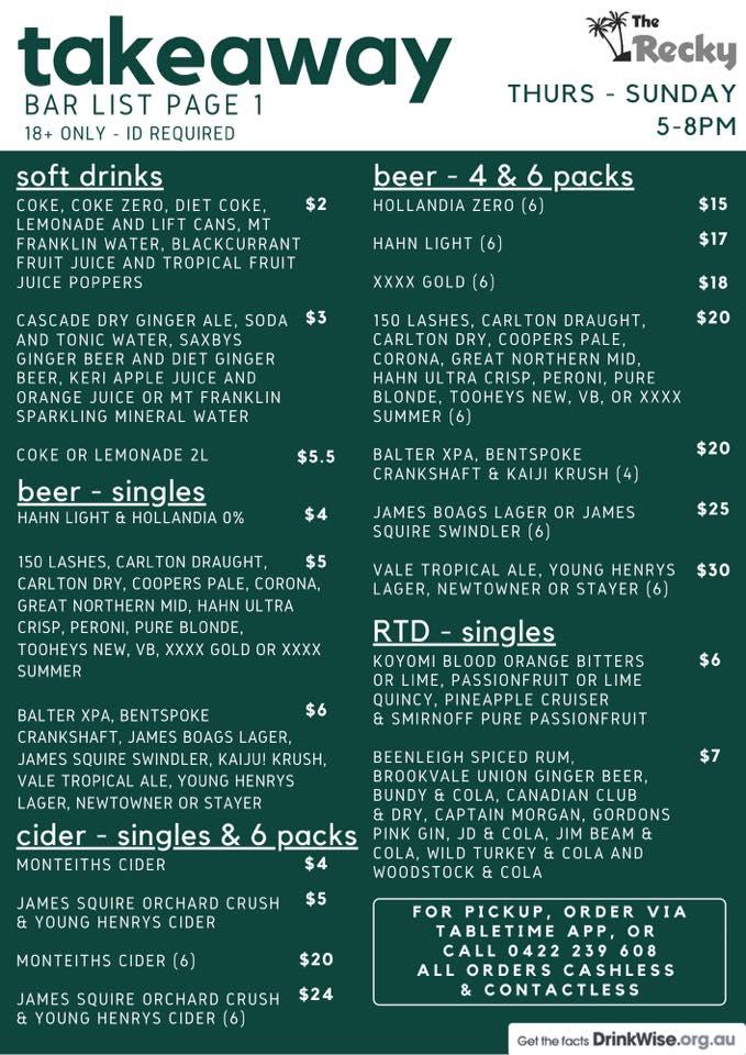 Menu at Pacific Palms Recreation Club, Elizabeth Beach