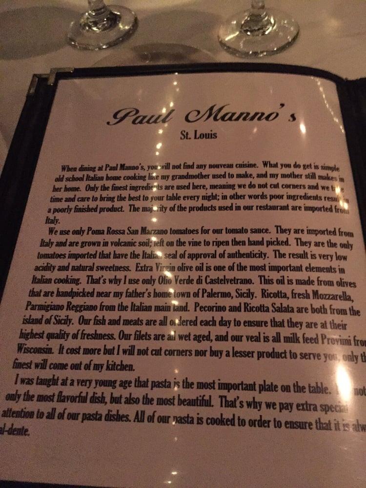 Menu at Paul Manno's Restaurant, Chesterfield