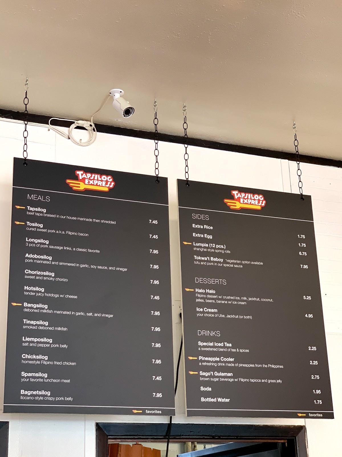 Menu at Tapsilog Express fast food, San Leandro, Washington Ave