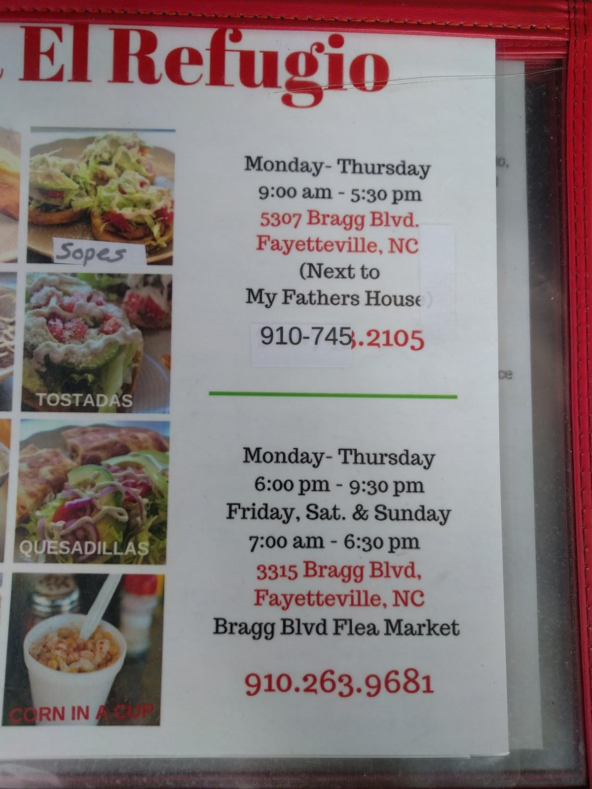 Menu at Taqueria El Refugio restaurant, Fayetteville, 5307 Bragg Blvd