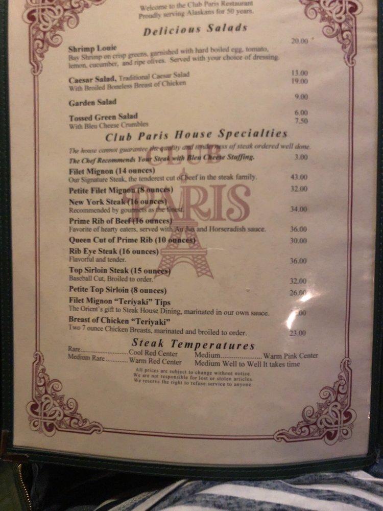 Menu at Club Paris, Anchorage, 417 W 5th Ave