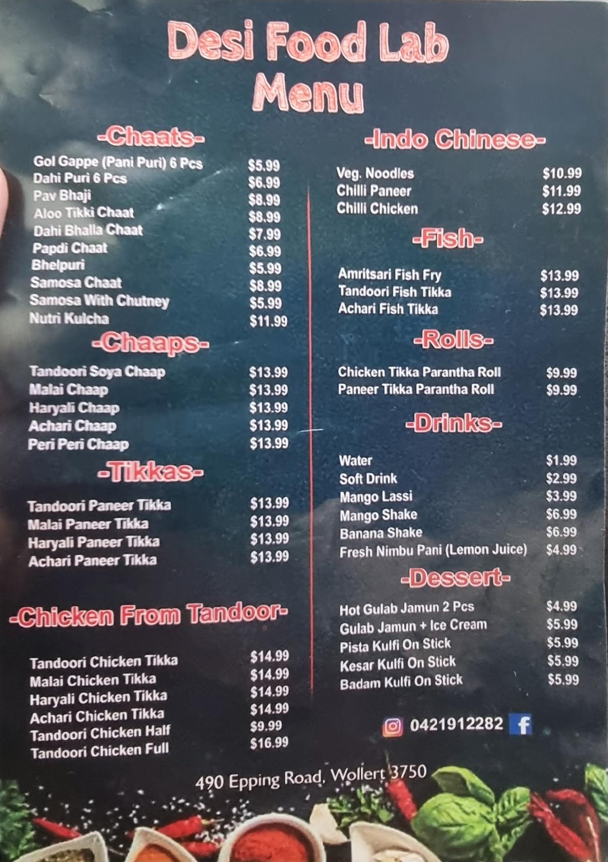 Menu at Desi Food Lab restaurant, Wollert