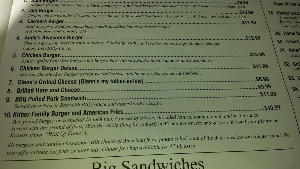 Menu at Kriner's Diner restaurant, Anchorage