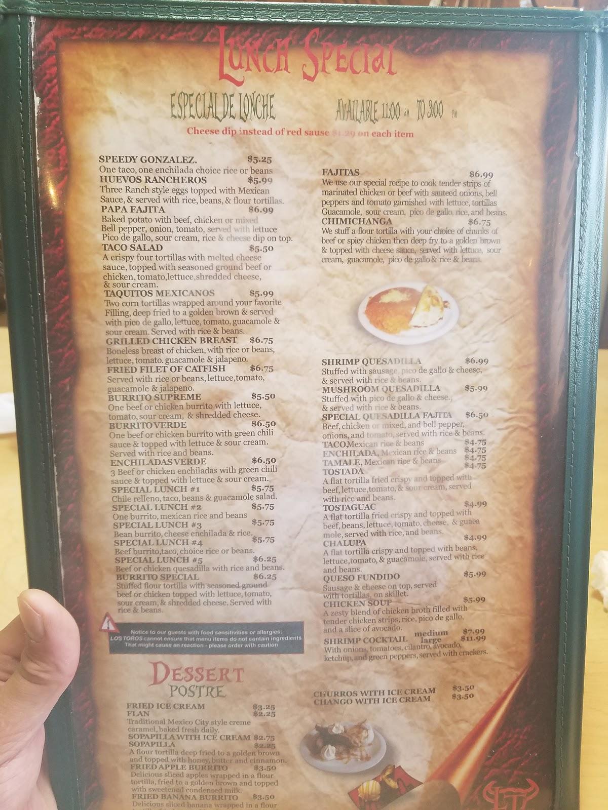 Menu at Los Toros restaurant, Guntown, MS-145