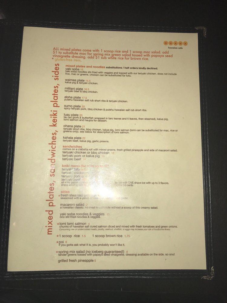 Menu at Ohana Hawaiian Cafe, Portland