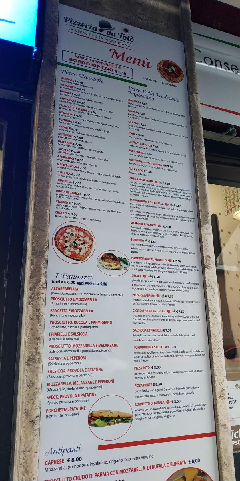 Menu at Pizzeria da Totò, Milan