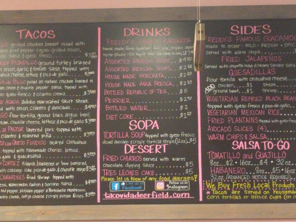 Menu at Taco Vida restaurant, Deerfield