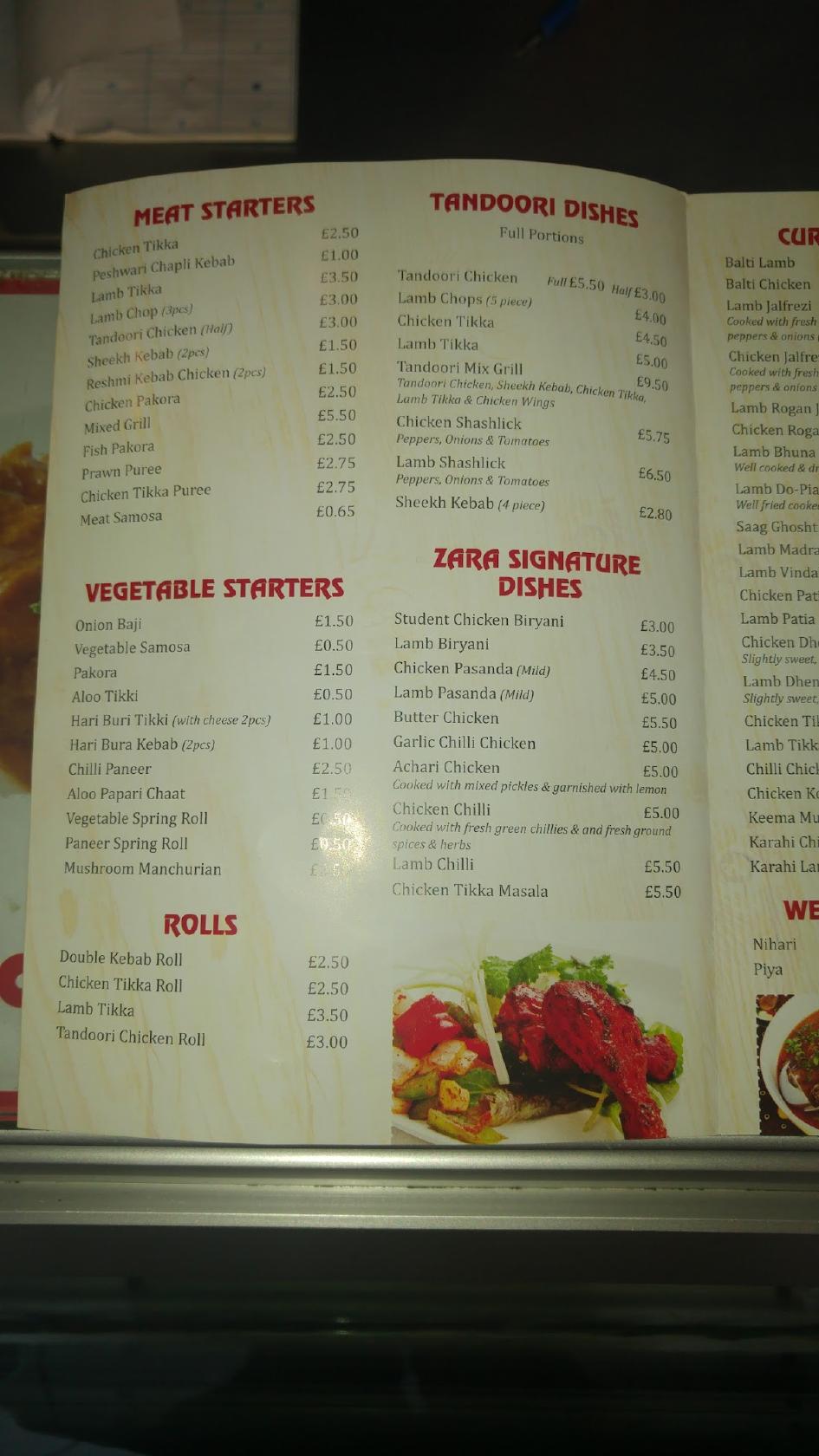 Menu at Zara 1 Restaurant & Takeaway, Hayes