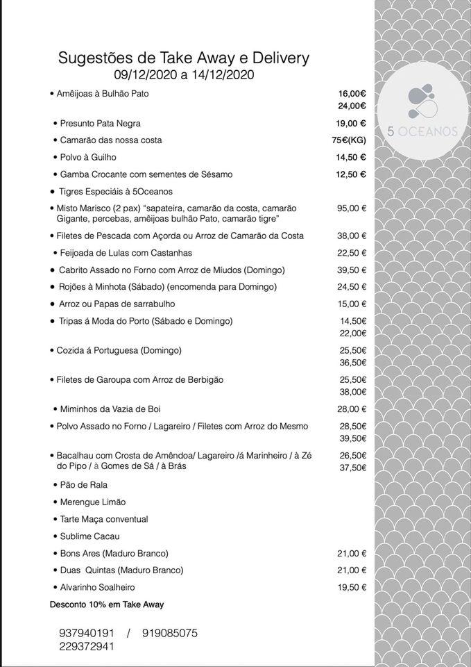 Menu em 5 Oceanos restaurante, Matosinhos