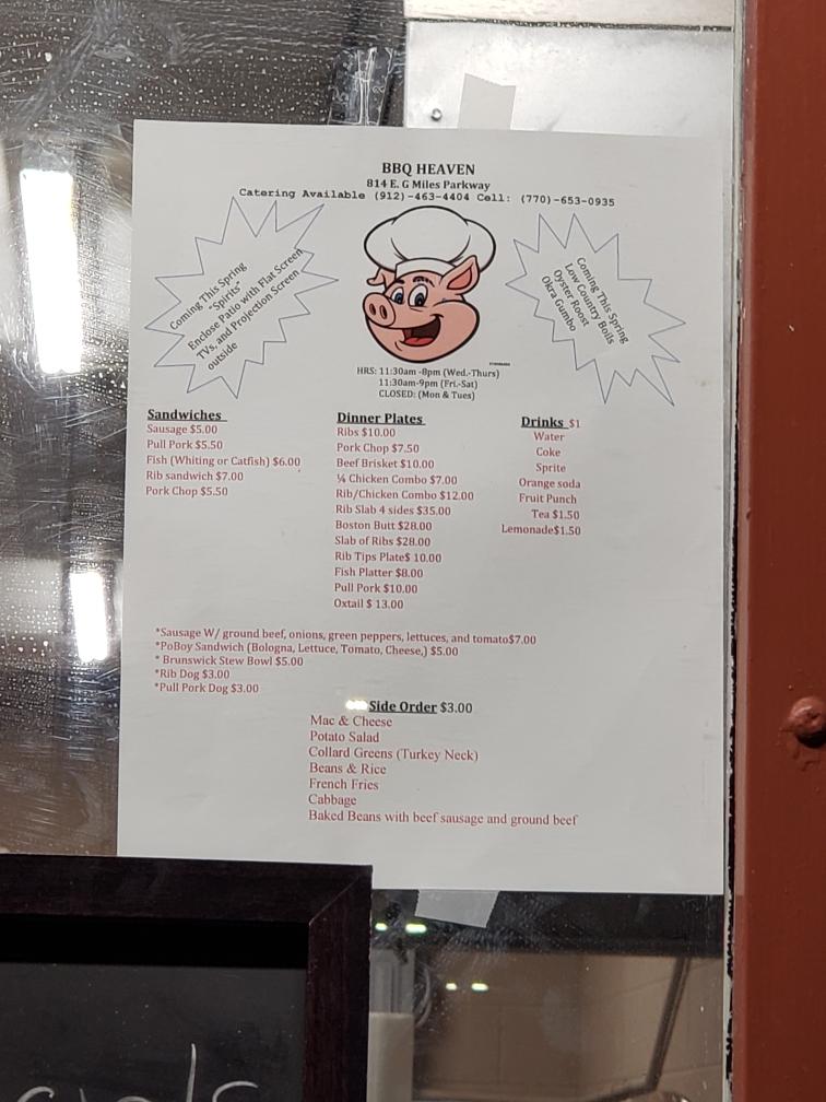 Menu at BBQ Heaven, Hinesville